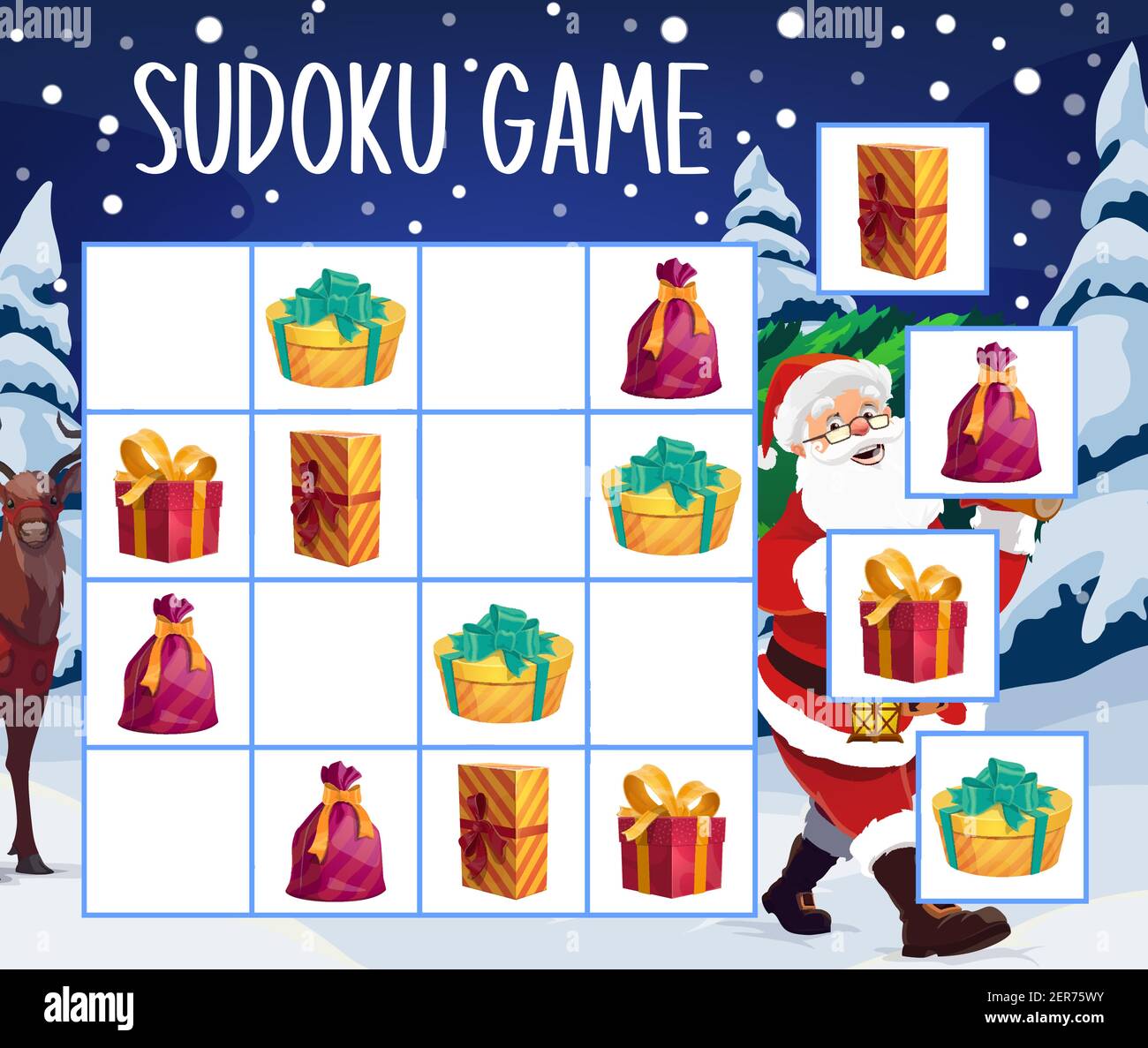 Christmas gifts sudoku game or puzzle vector template. Children ...