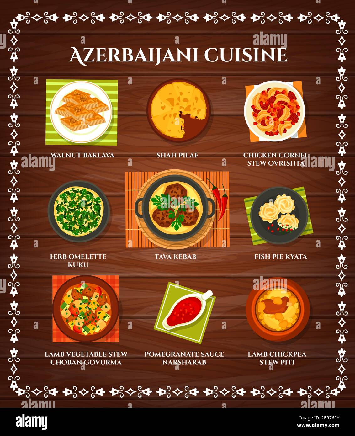 Azerbaijani cuisine vector menu walnut baklava, shah pilaf, chicken ...