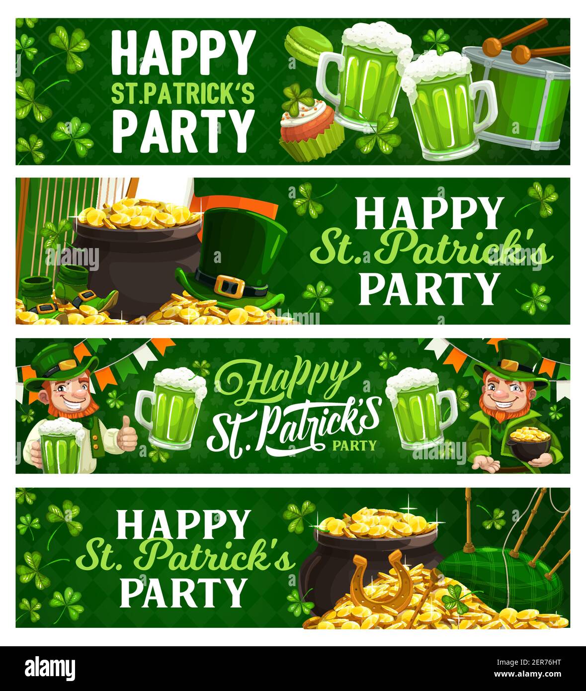 St. Patricks Day cartoon banners. Vector leprechaun in green top hat ...