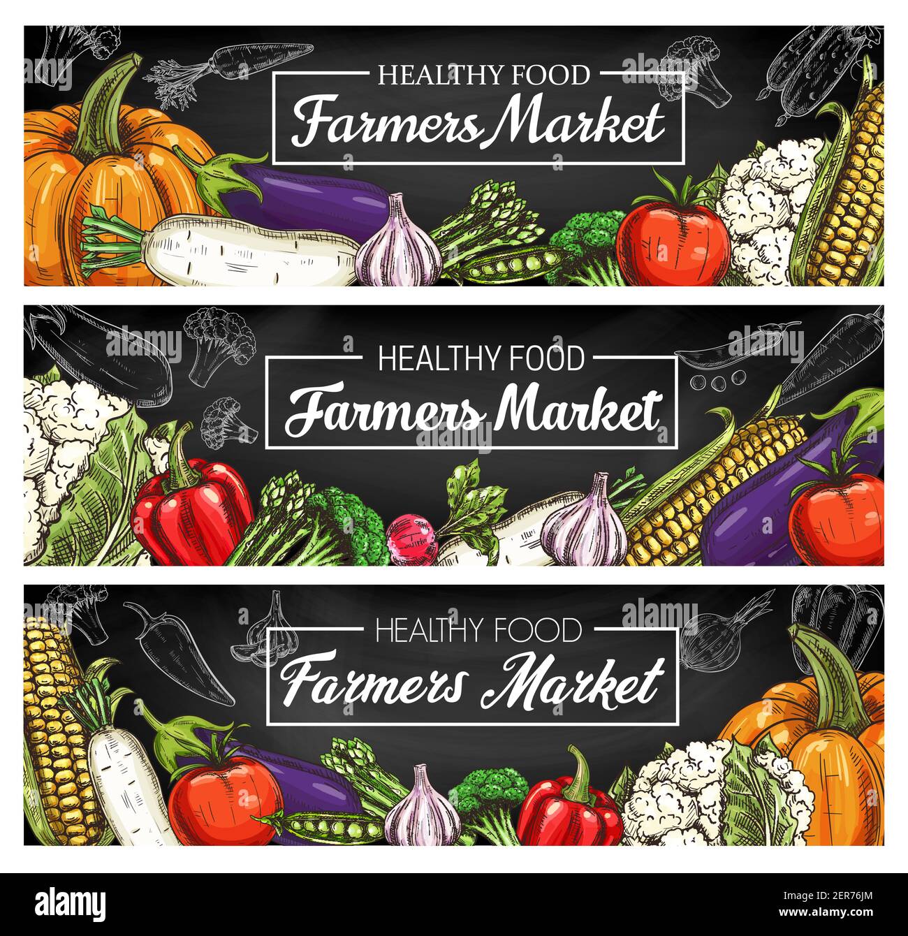 Vegetables, farm market food banners, food veggies, vector sketch ...