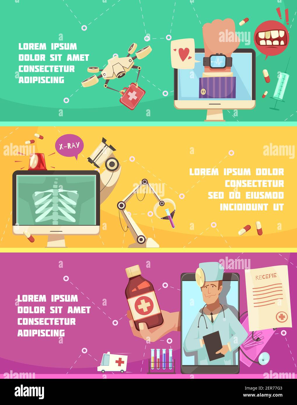 Digital health horizontal colorful banners, medical gadgets, drugs ...
