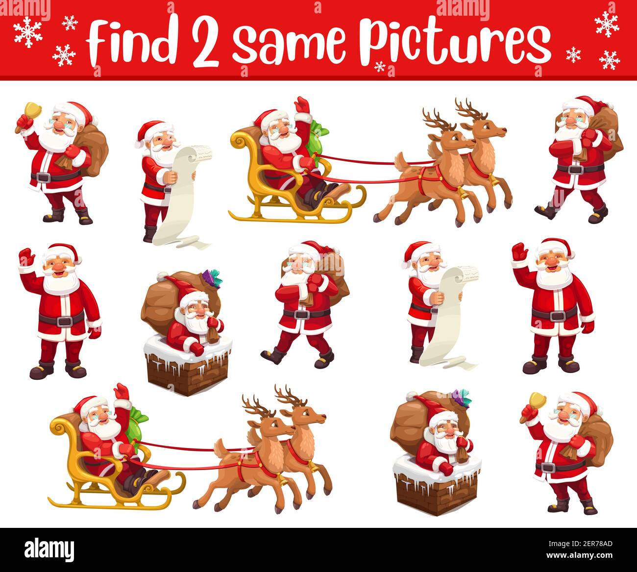 Christmas matching game with Santa characters. Cartoon vector template ...