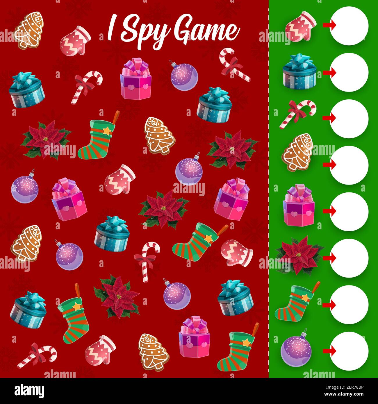 Children i spy game with Christmas gifts, sweets and ornaments. Kids ...