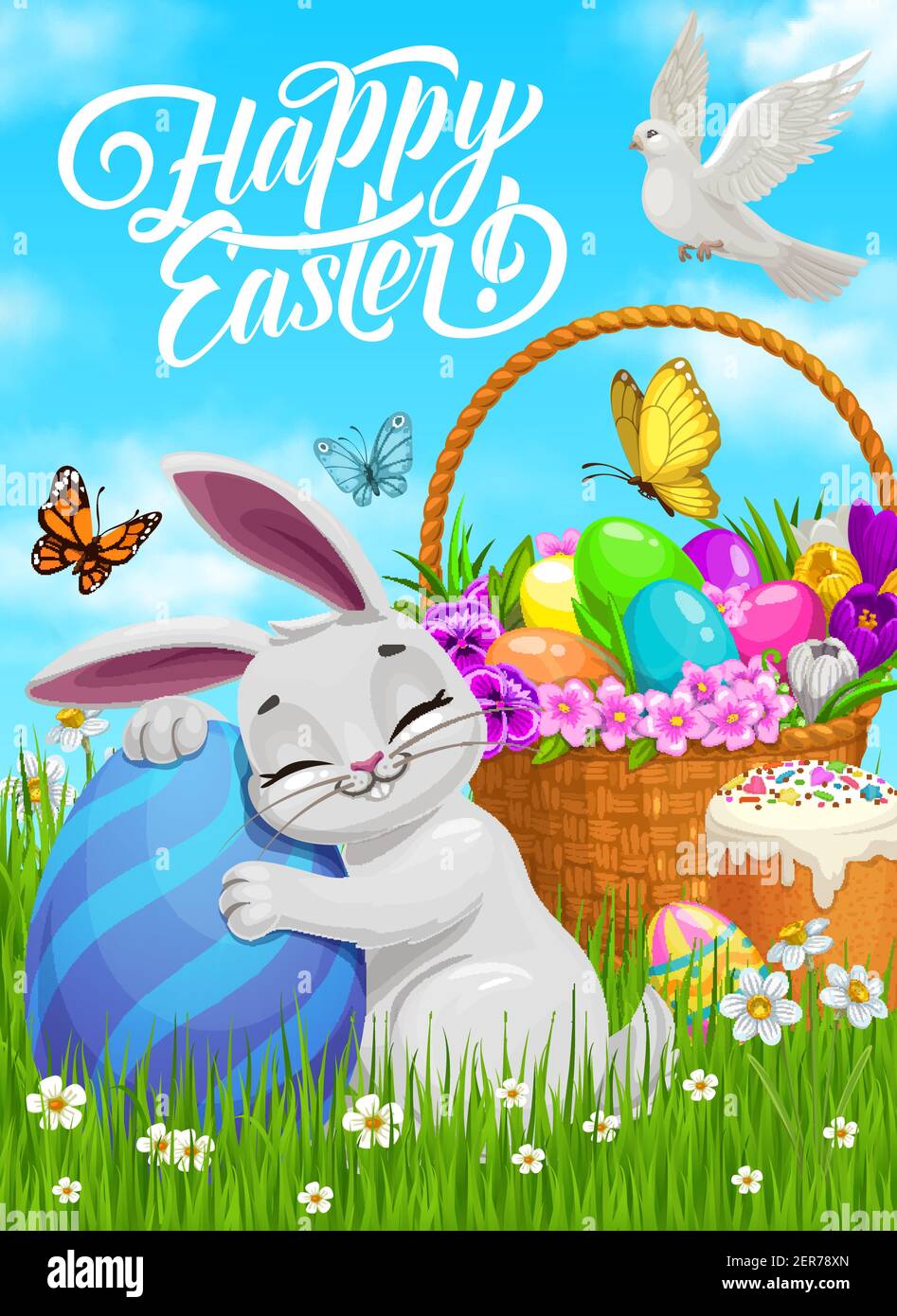 Happy Easter vector poster, cartoon bunny hug painted egg on meadow ...