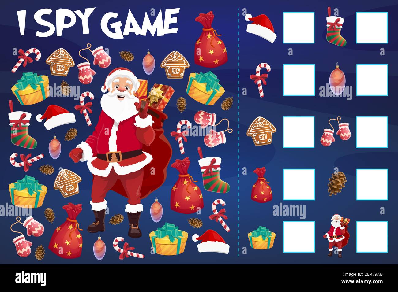 Kids i spy game with Christmas objects counting. Santa Claus character ...