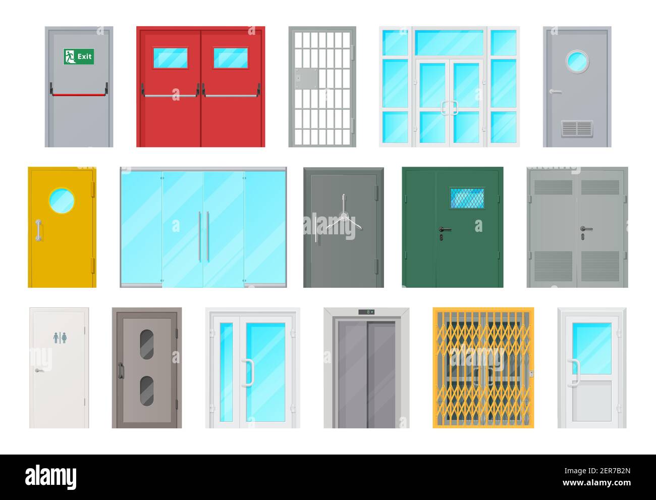 Entrance doors isolated vector icons. Cartoon interior and exterior ...
