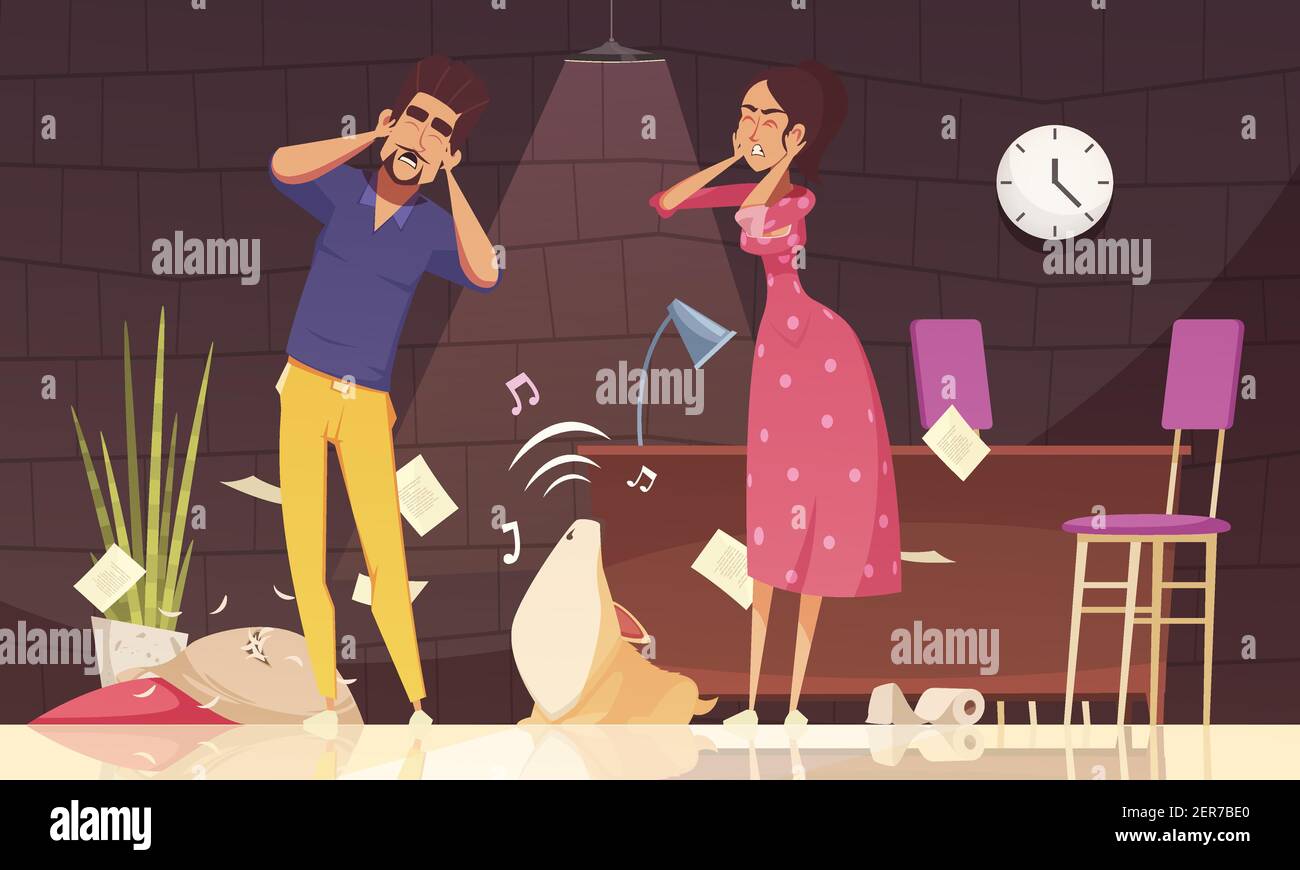 Man and woman closing ears and loud howl of puppy after pranks in home ...