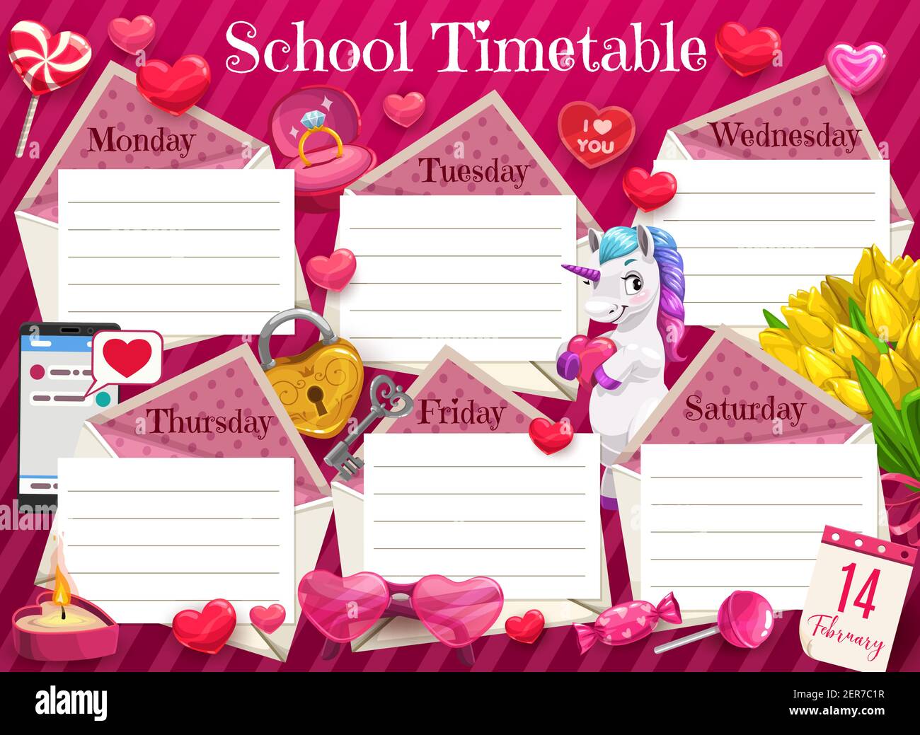 Valentines day school timetable, kids lessons schedule with hearts ...