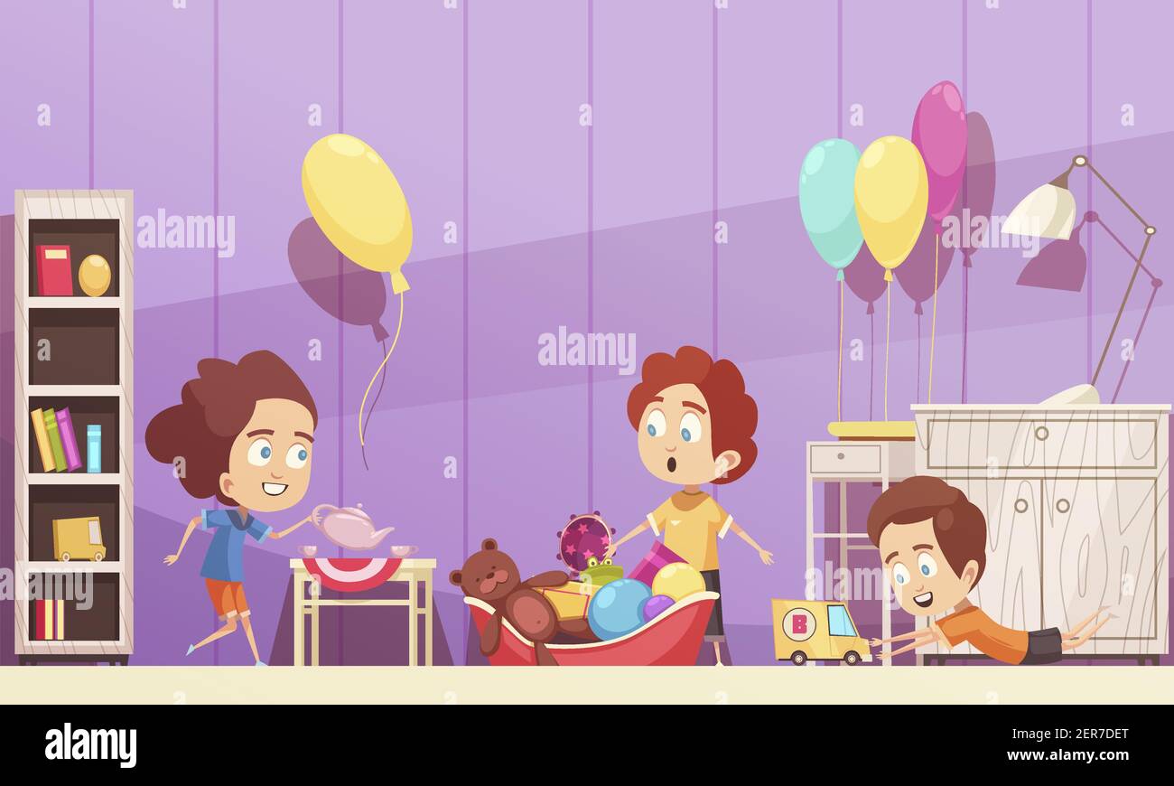 Children room in violet color with kids during game with toys, interior ...