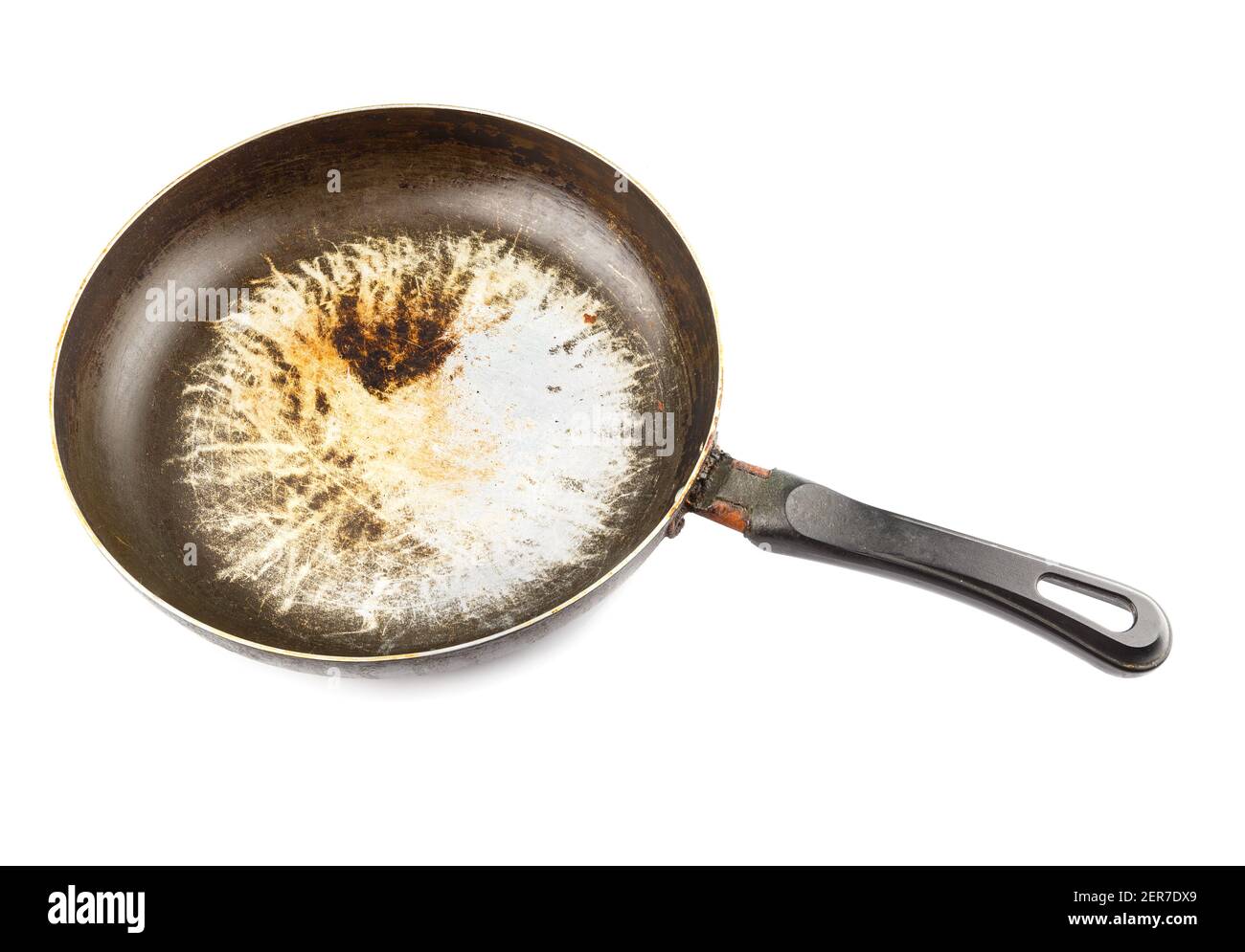 old stained aluminium pan with burnt fat and peeled off TFE ...
