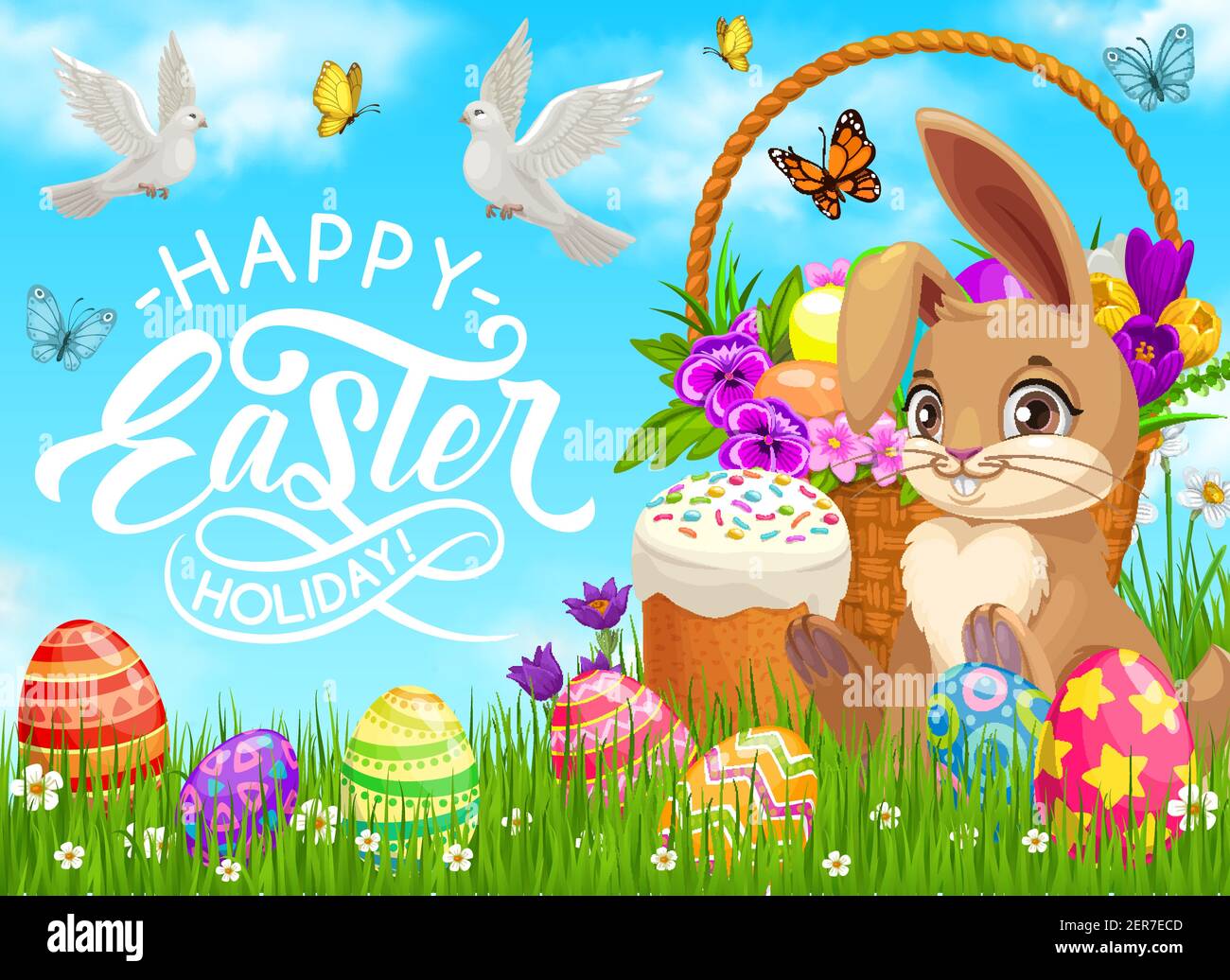Happy Easter holiday vector poster. Bunny near basket with flowers ...