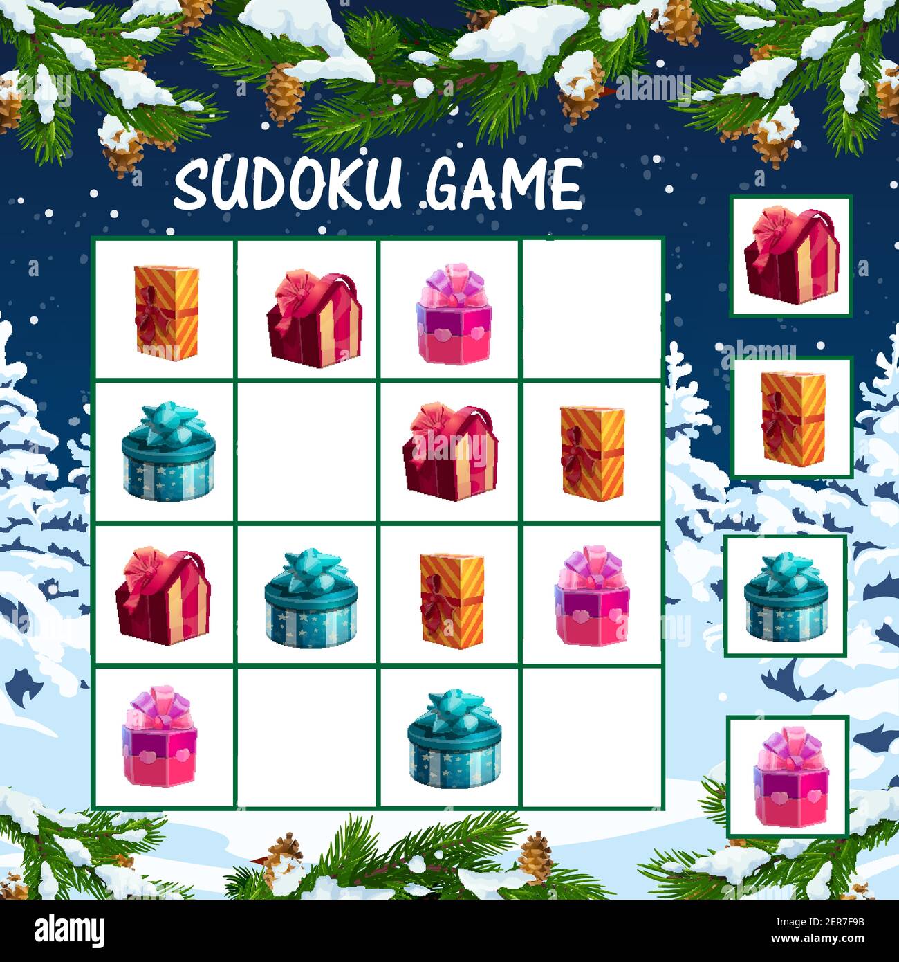 Christmas sudoku game for kids with holiday gifts boxes. Children ...