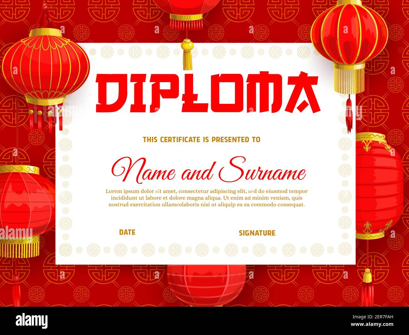 Diploma template with Chinese New Year lanterns. Greeting card ...