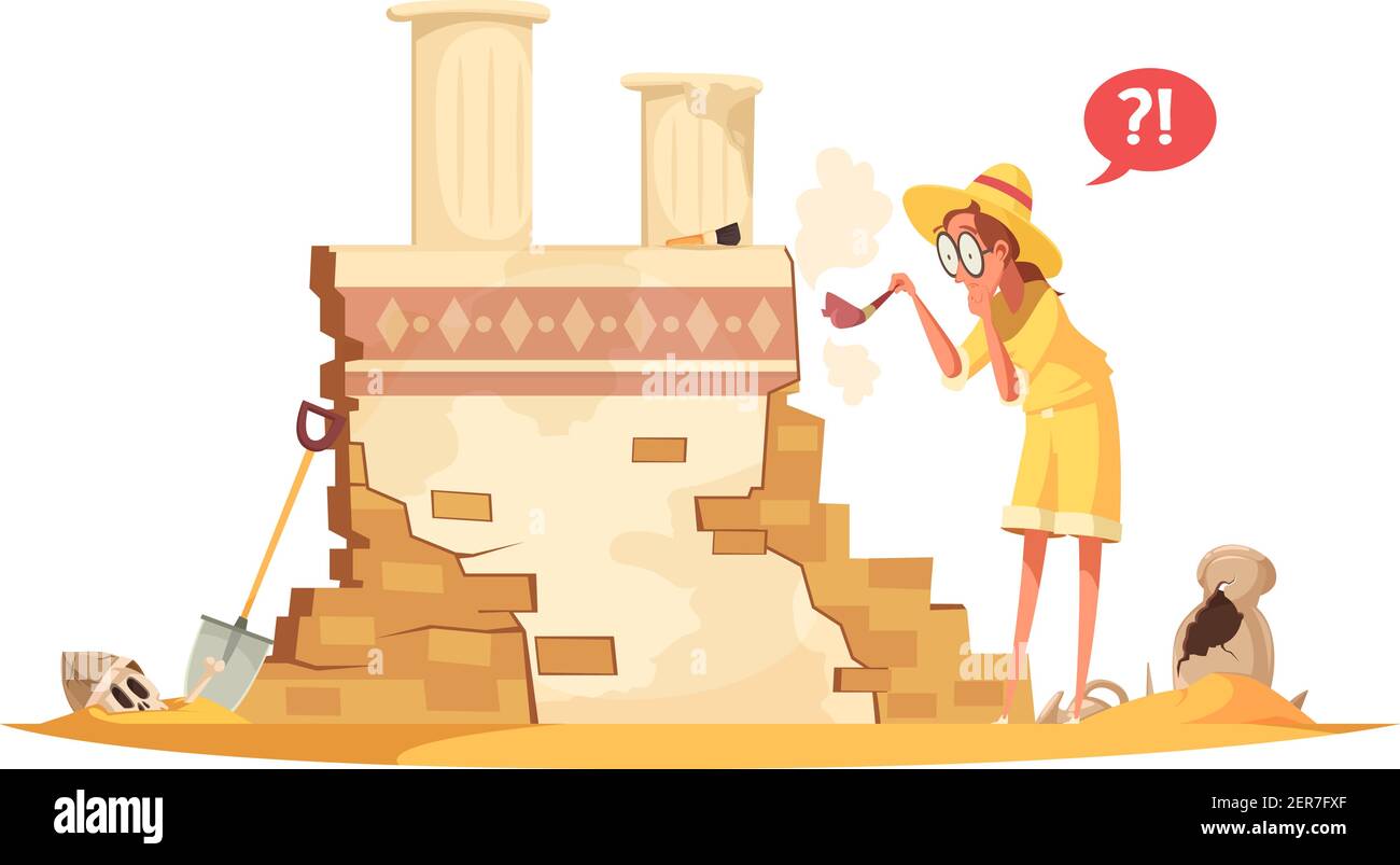 Scientist in hat with brush during archaeological works with ruin of ...