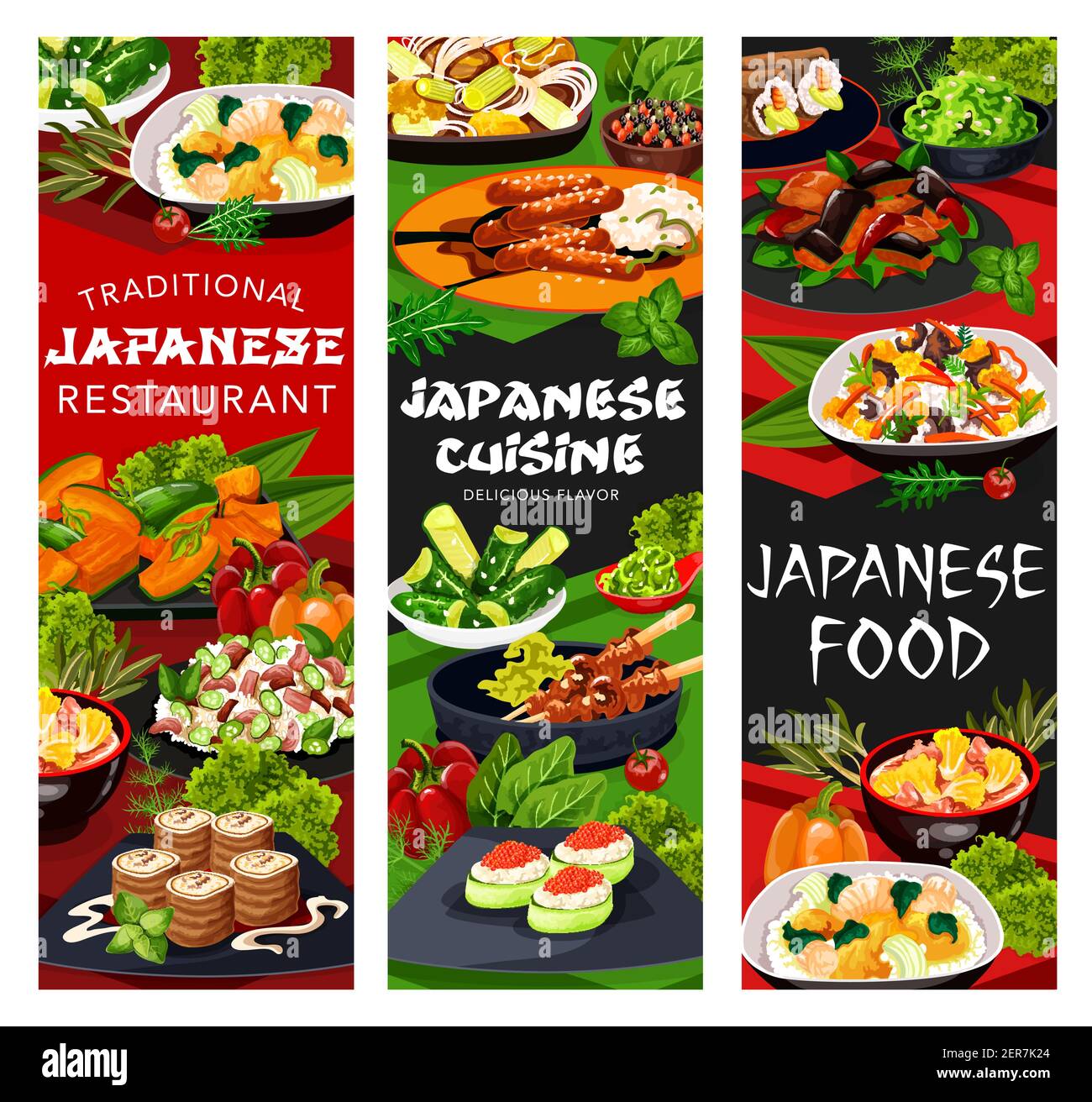 Japanese cuisine restaurant vector banners with Asian dishes of gunkan ...