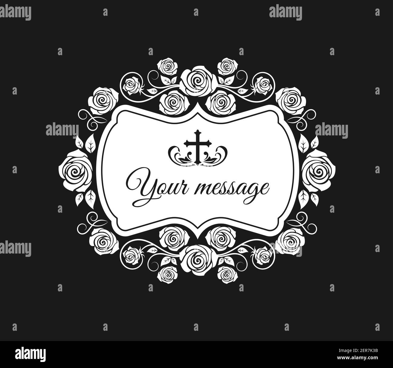 Funeral vector card with rose flowers wreath and cross. Funeral ...