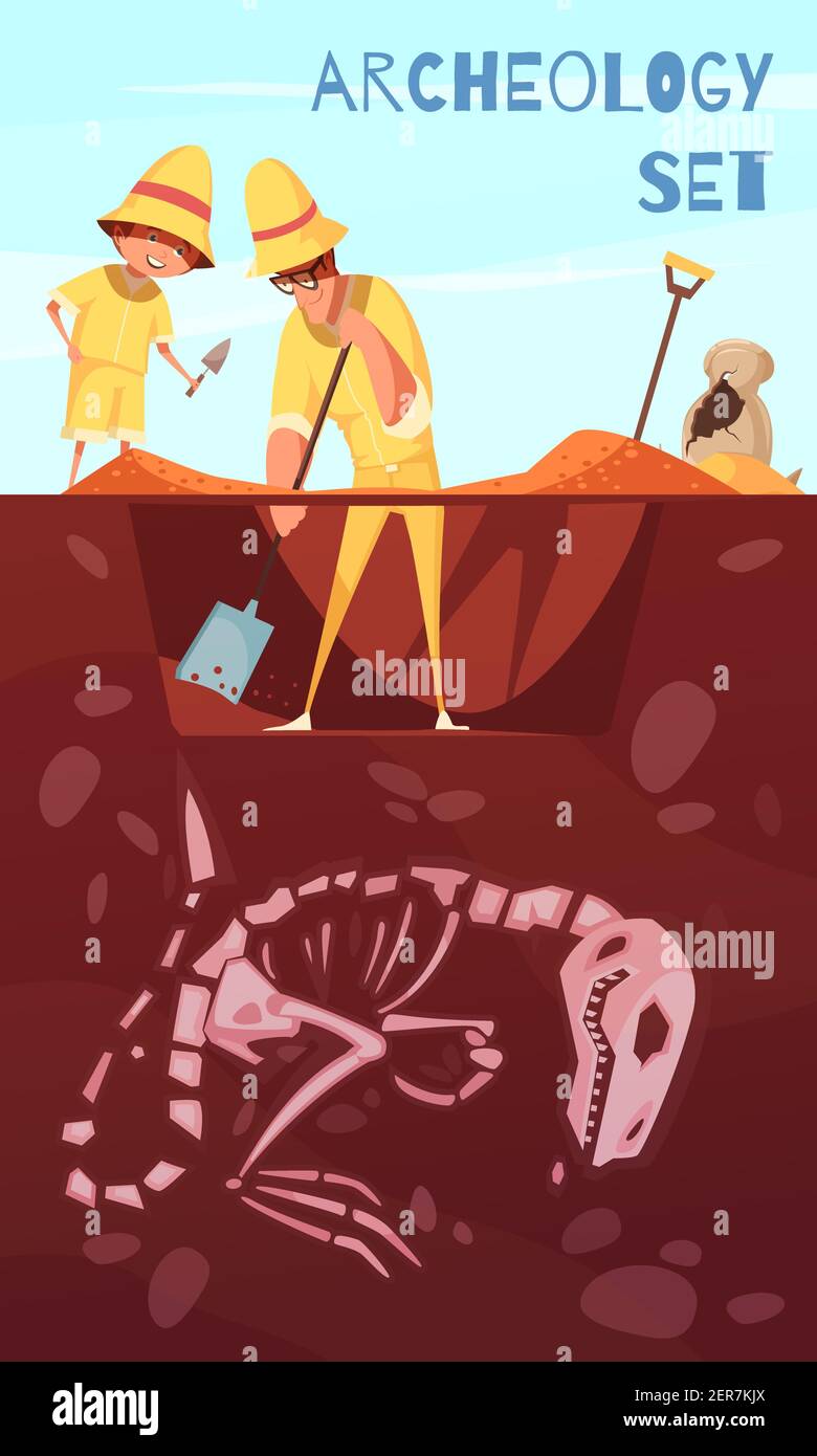 Archeology excavation background scientists with work tools during digs ...