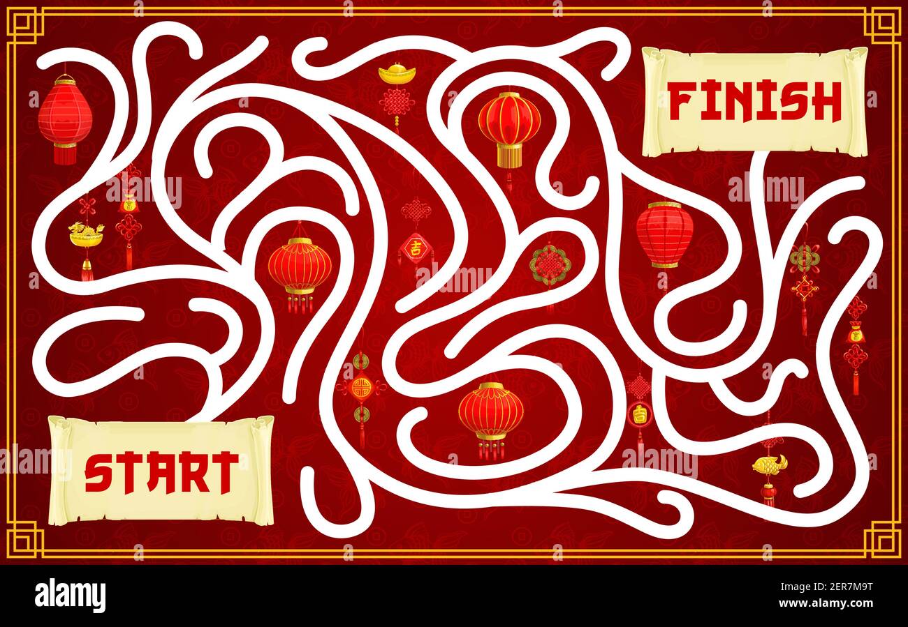 Child maze labyrinth with Chinese paper lanterns. Kids New Year game ...