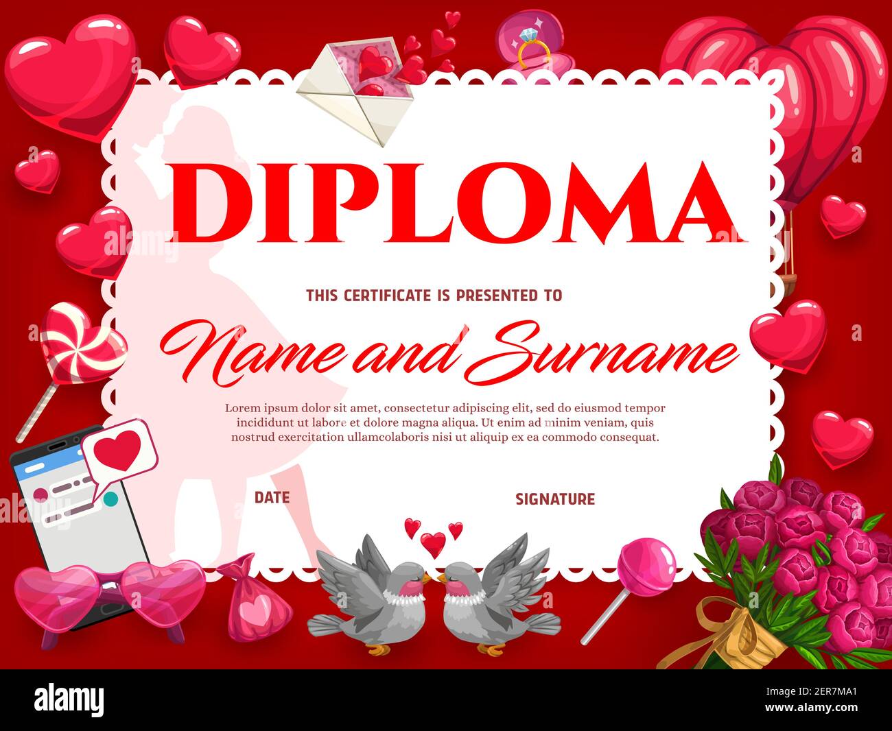 Wedding celebration or Valentines day diploma. Romantic post card or ...