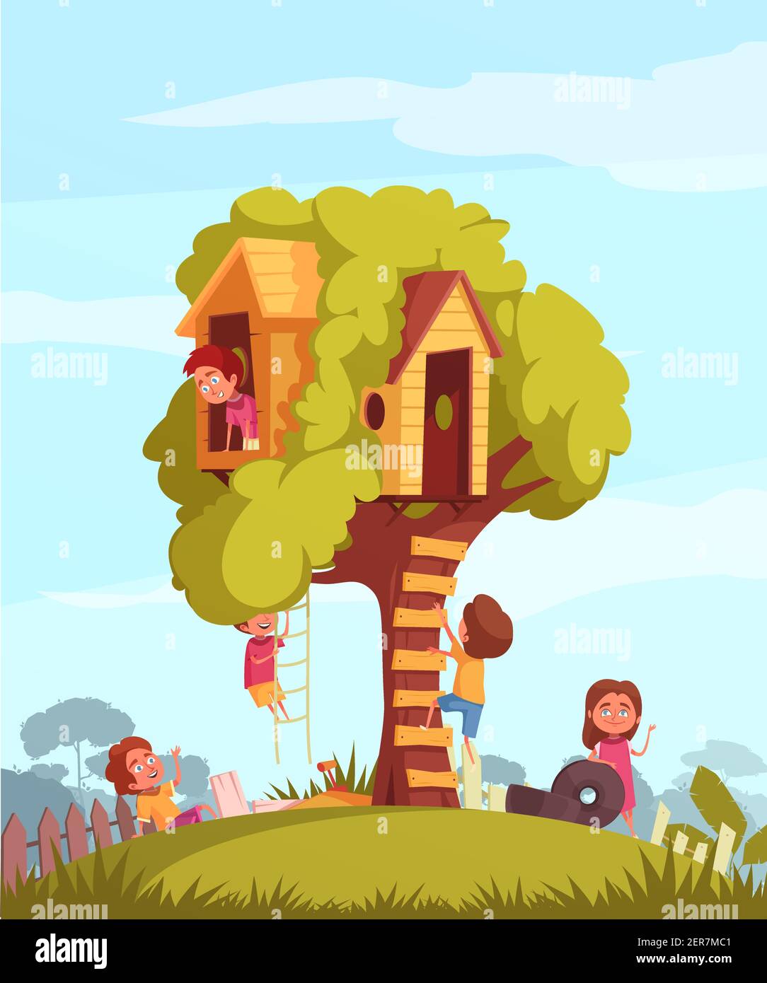 Tree house with ladder and joyful children during games on blue sky ...
