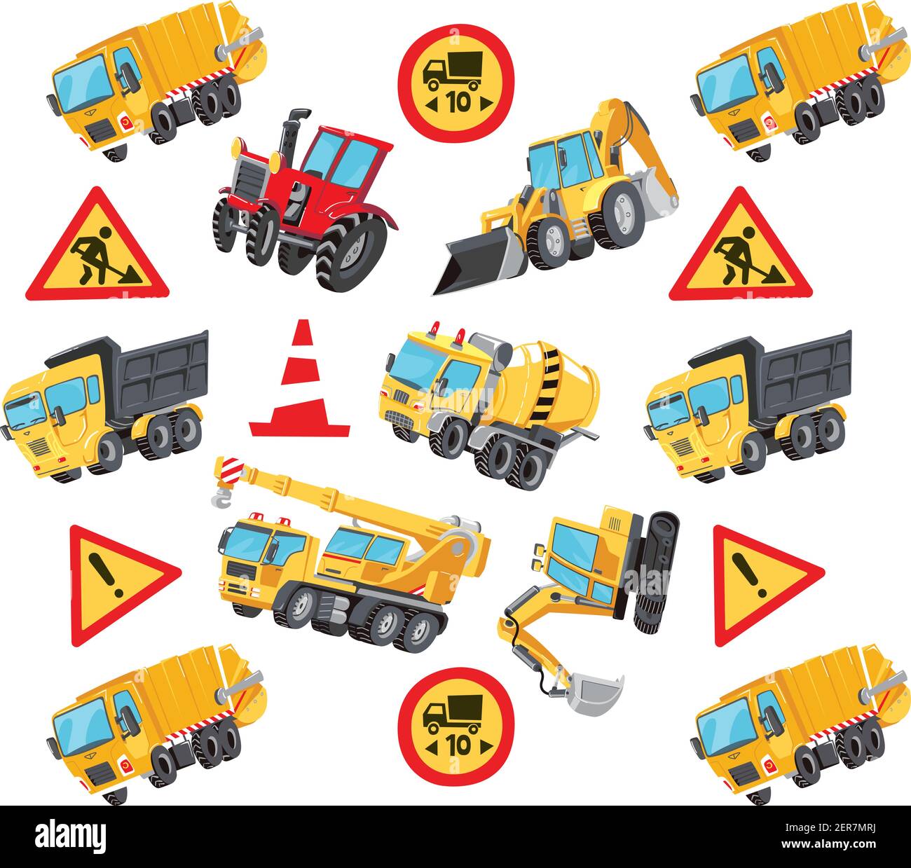 Seamless pattern with colorful toy Trucks, Cars and Road Signs. Red ...