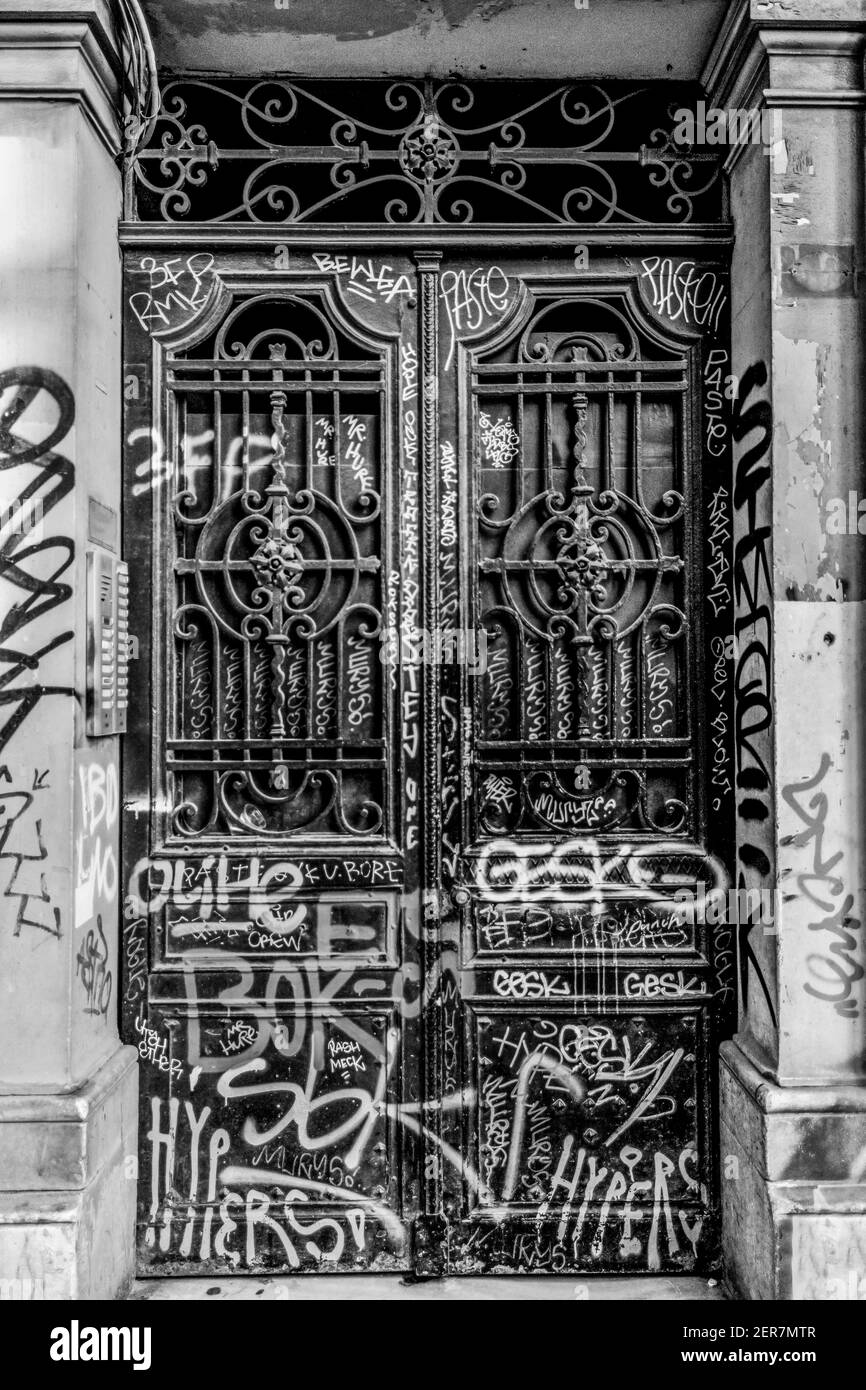 Old gate graffiti in Black and White Stock Photos & Images - Alamy
