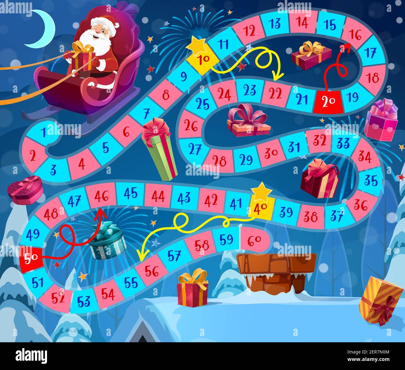 Kids Christmas board game with Santa Claus and gifts. Santa flying in ...