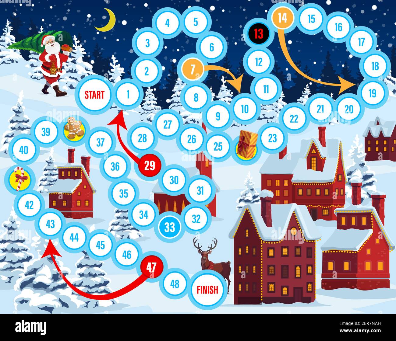 Christmas eve kids board game with Santa, deer and old towns streets ...