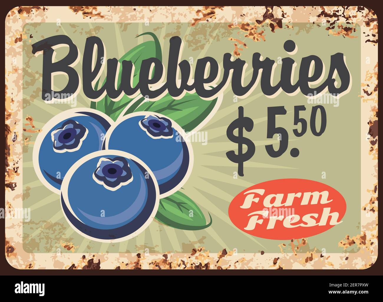 Blueberries rusty metal plate, vector vintage rust tin sign with ripe ...