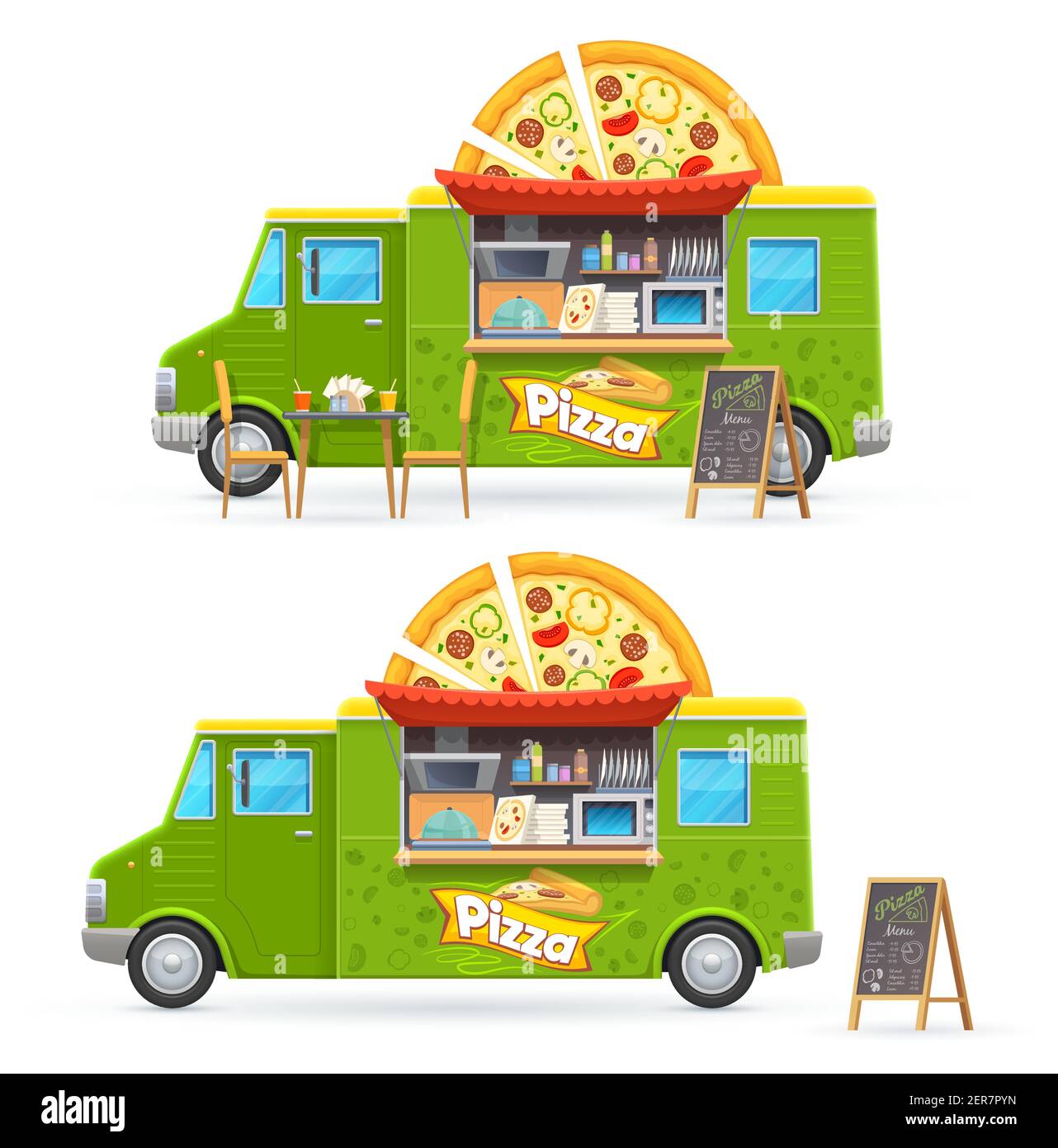 Pizza food truck isolated vector car, cartoon green van for street junk ...