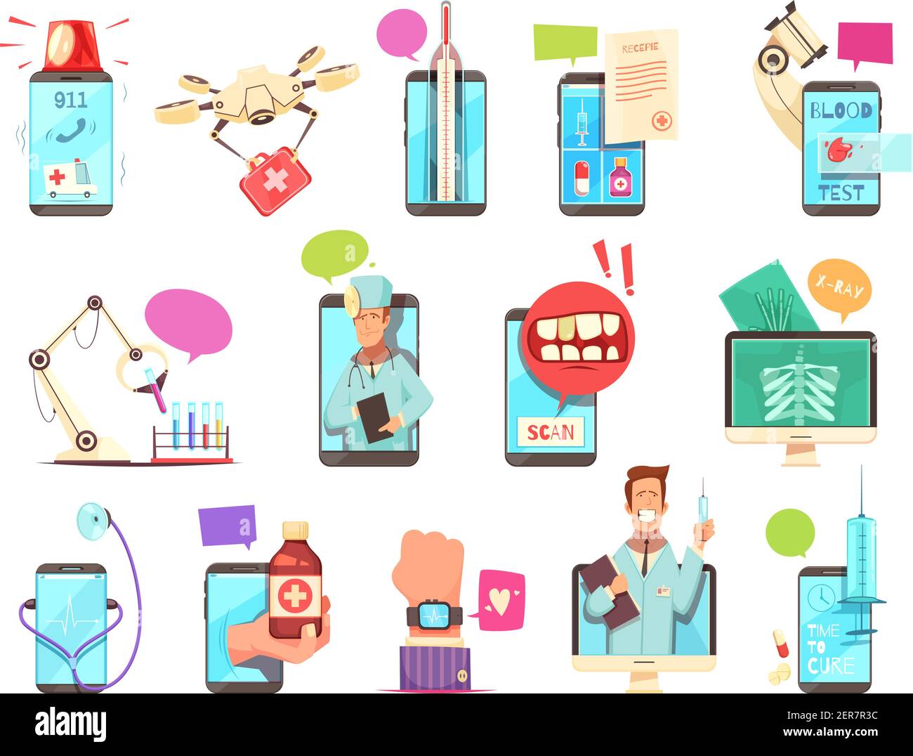 Digital health medical technologies set with online recipe, electronic ...