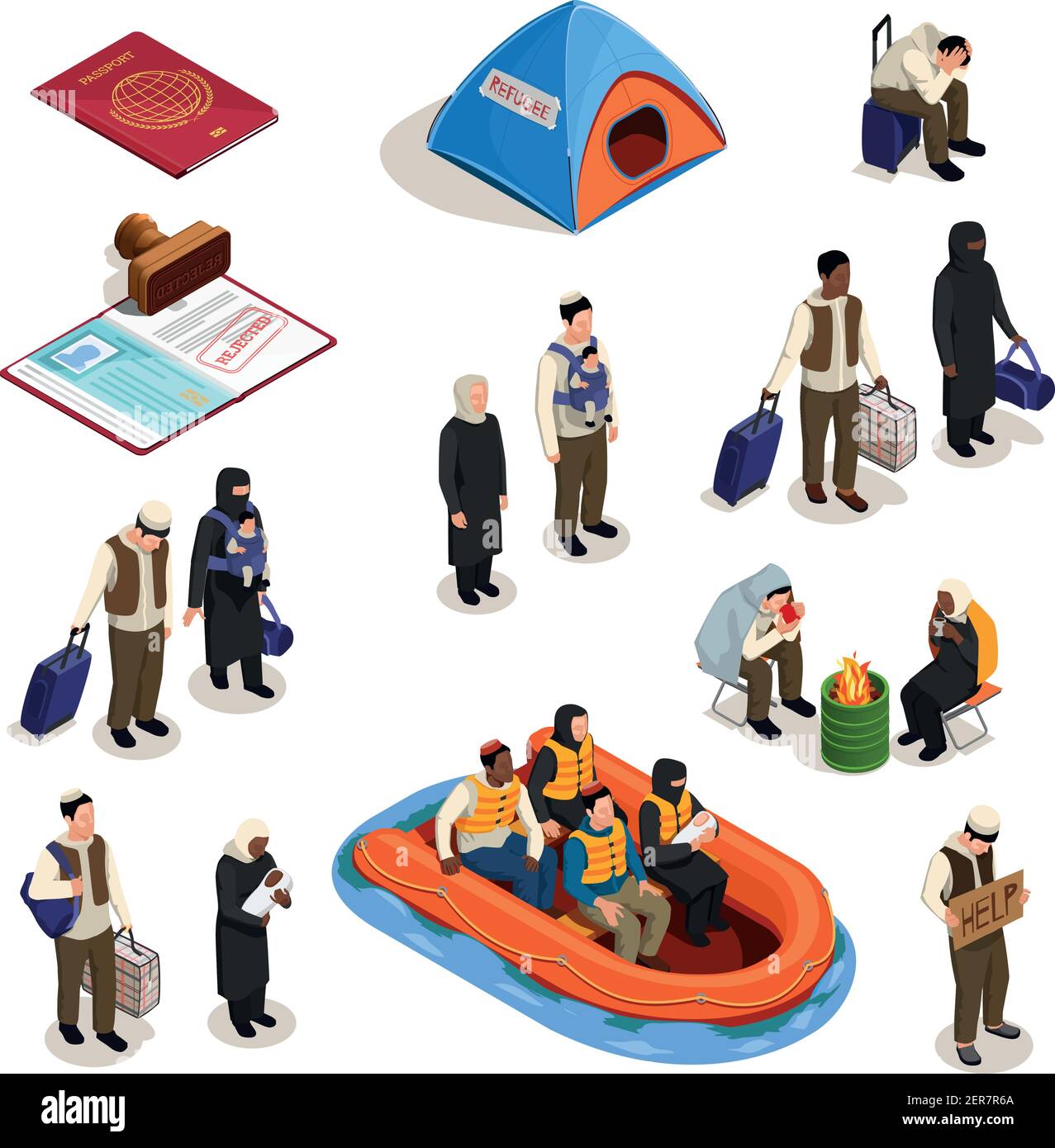 Stateless refugees asylum icons isometric collection with isolated ...