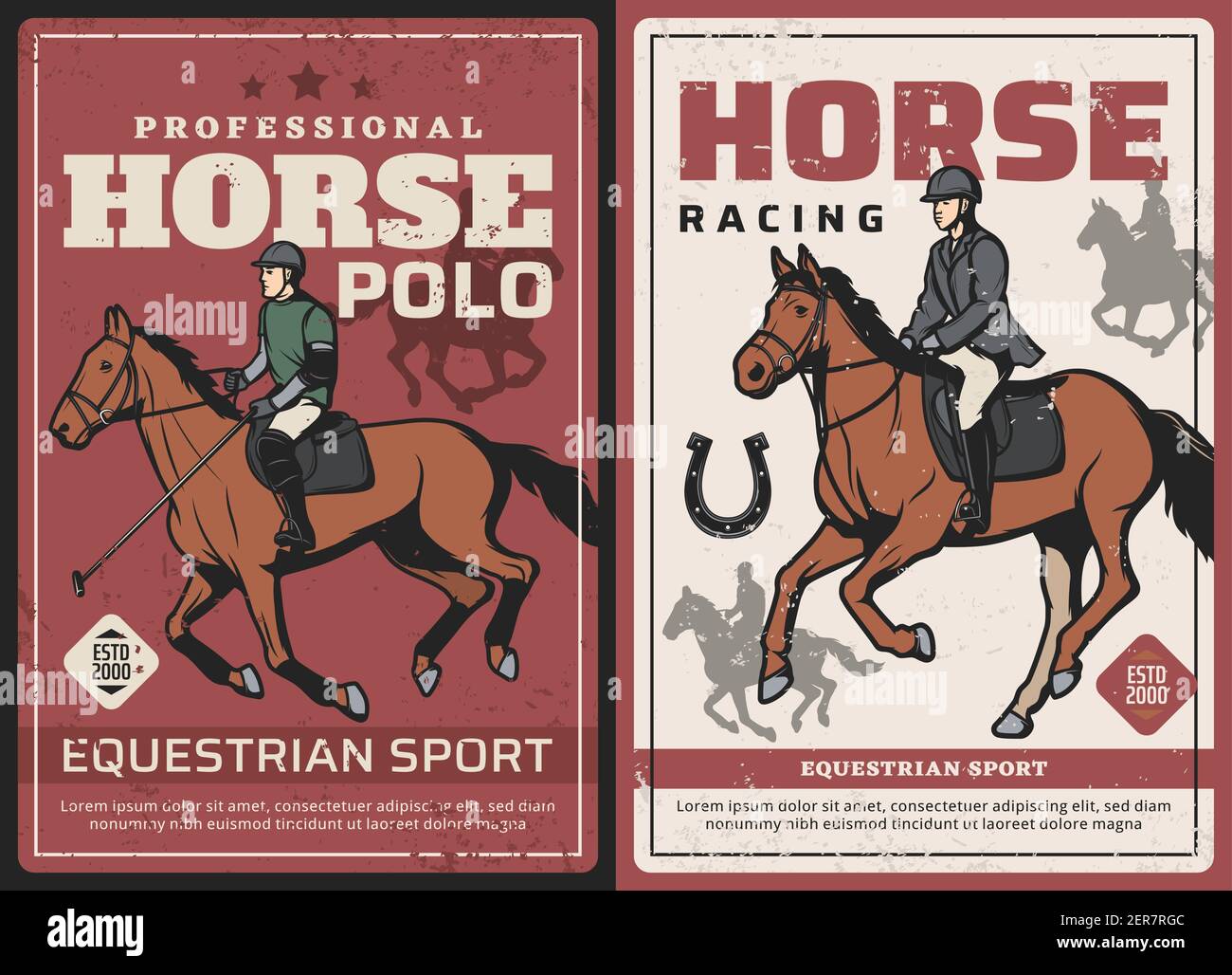 Horse racing and polo sport retro posters. Polo player with mallet ...