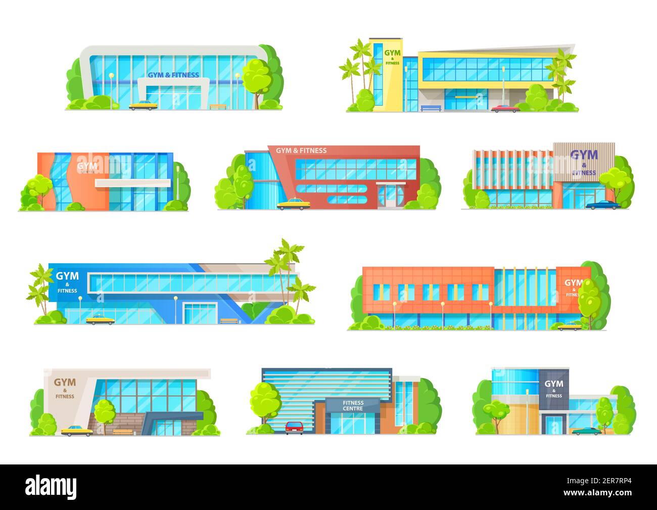 Gym or fitness center buildings, vector facades of modern design ...