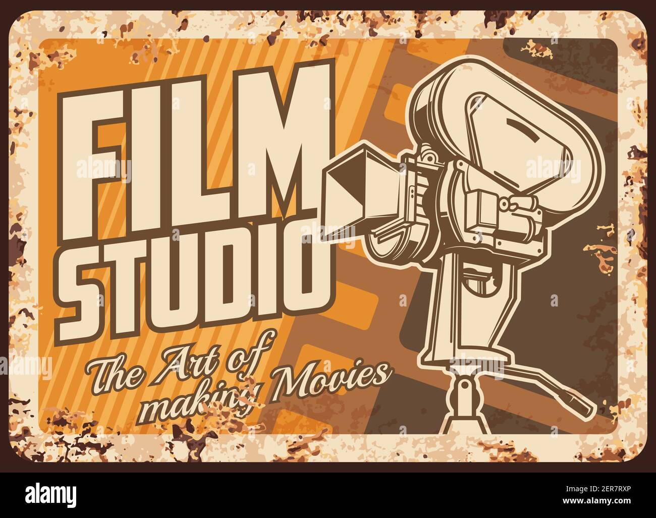 Film studio rusty metal plate, cinema or movie festival vector rust tin ...