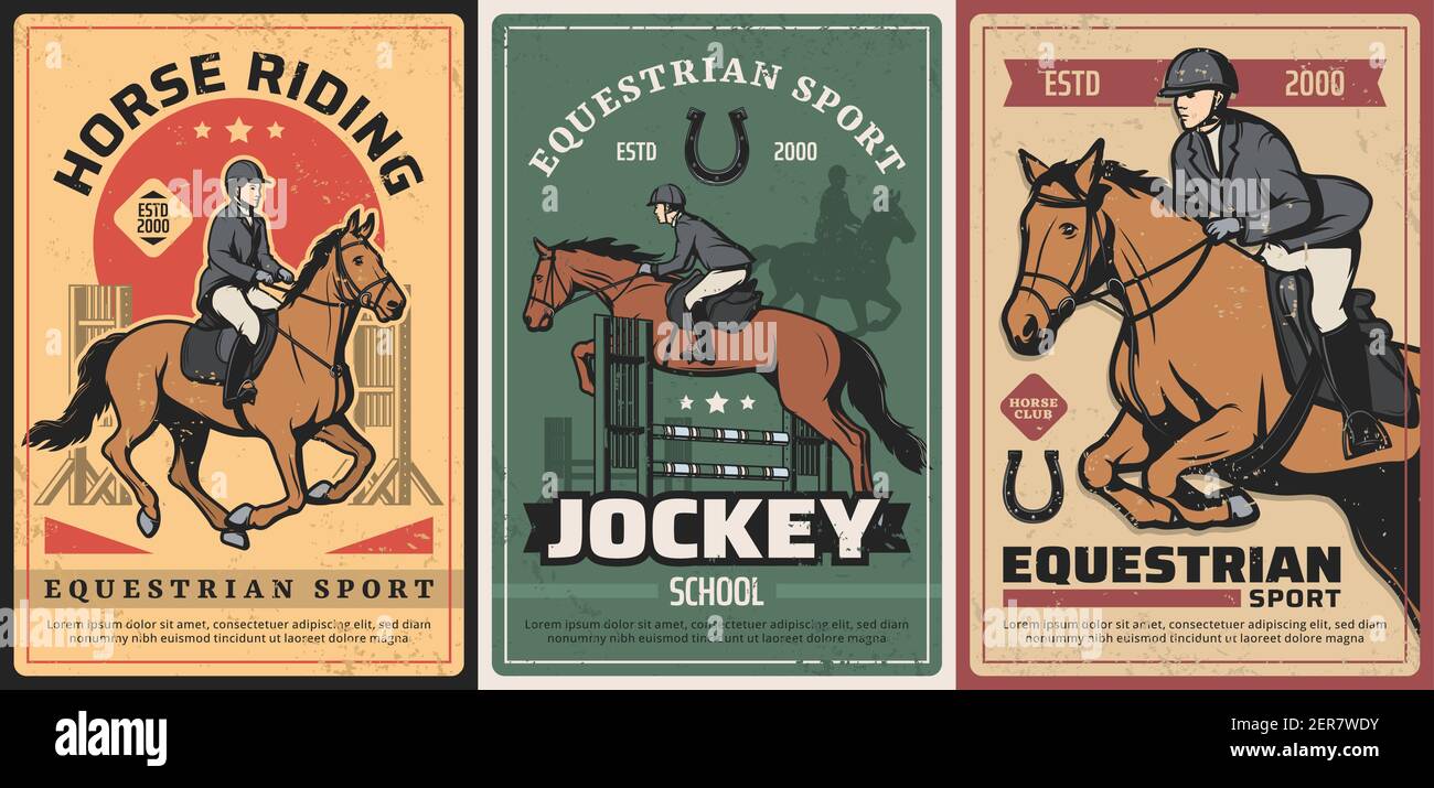 Equestrian sport, horse riding and race on hippodrome vintage posters ...
