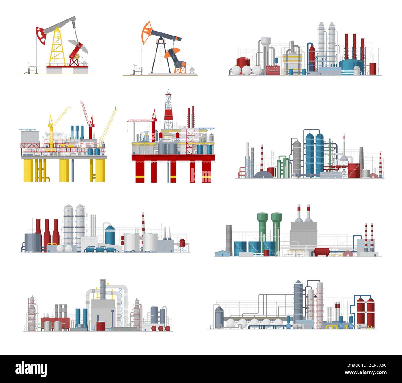 Industrial buildings and factory facilities vector icons. Plants ...