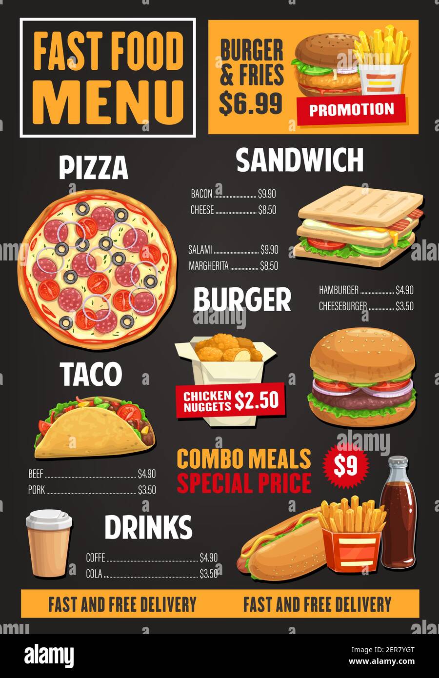 Fast food menu vector template, takeaway dishes pizza with salami, hot ...