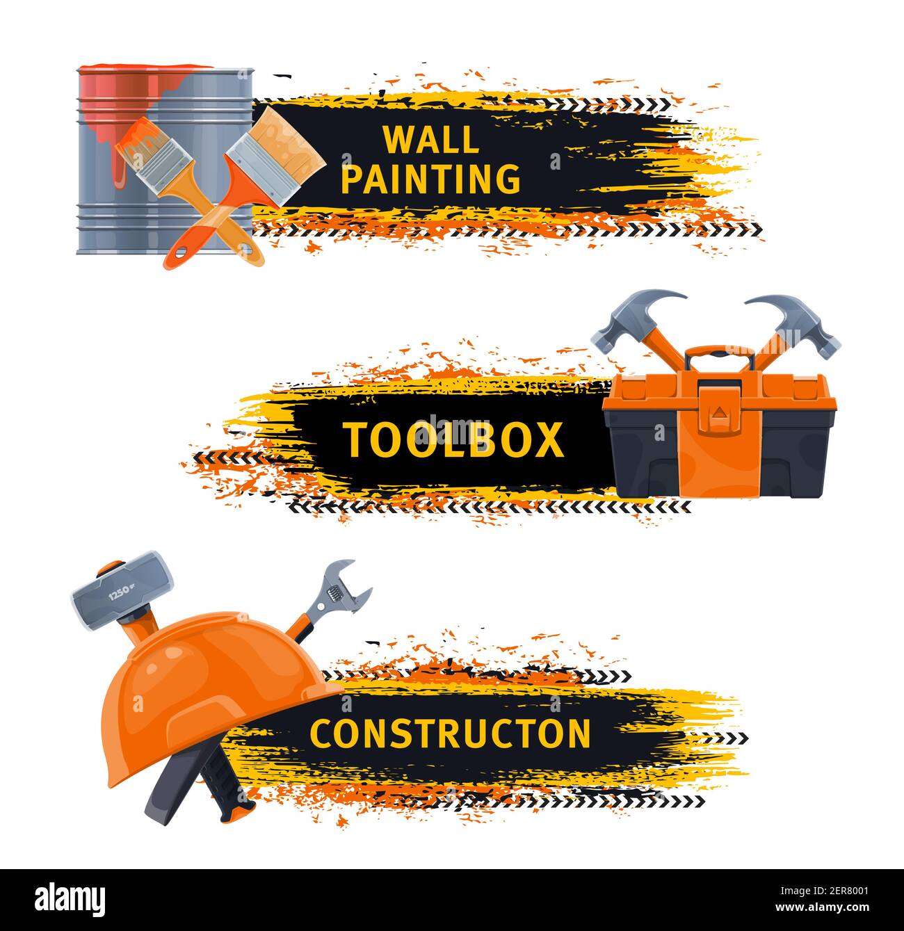 Wall painting and construction tools banners. Paint bucket and brush ...