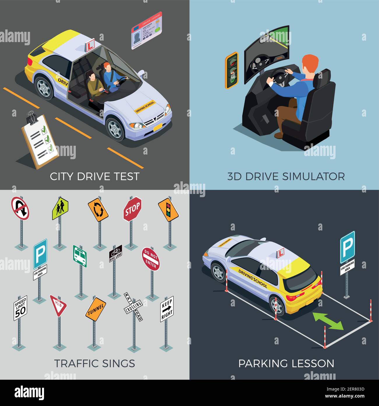 Driving school isometric 2x2 design concept with compositions of ...