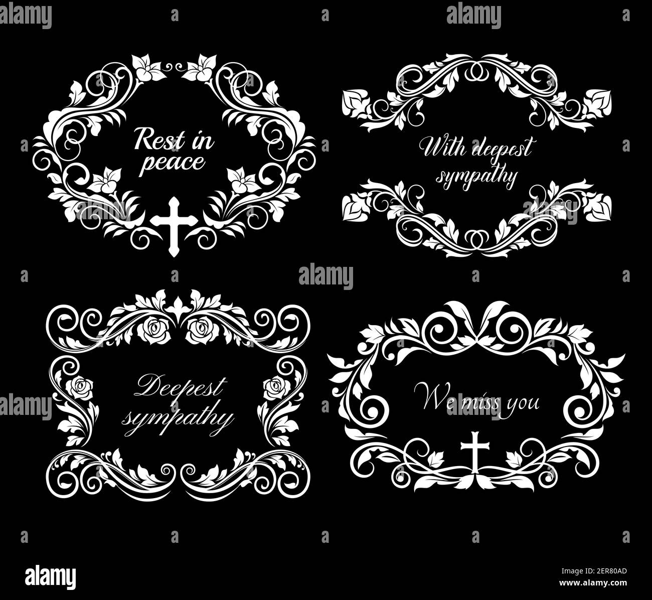 Funeral and obituary condolence card with flowers wreath and RIP ...