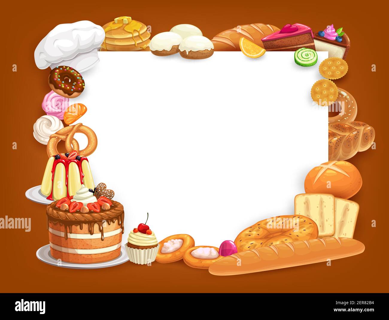 Pastry and bakery food vector frame border. Bread, cake, baguette and ...