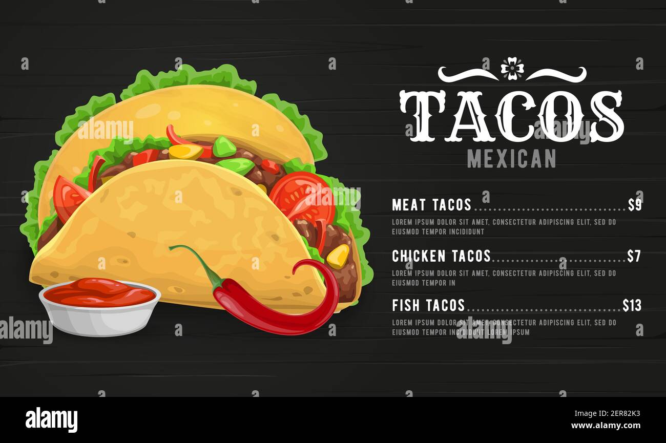 Taco menu vector template with Mexican cuisine restaurant food. Corn ...