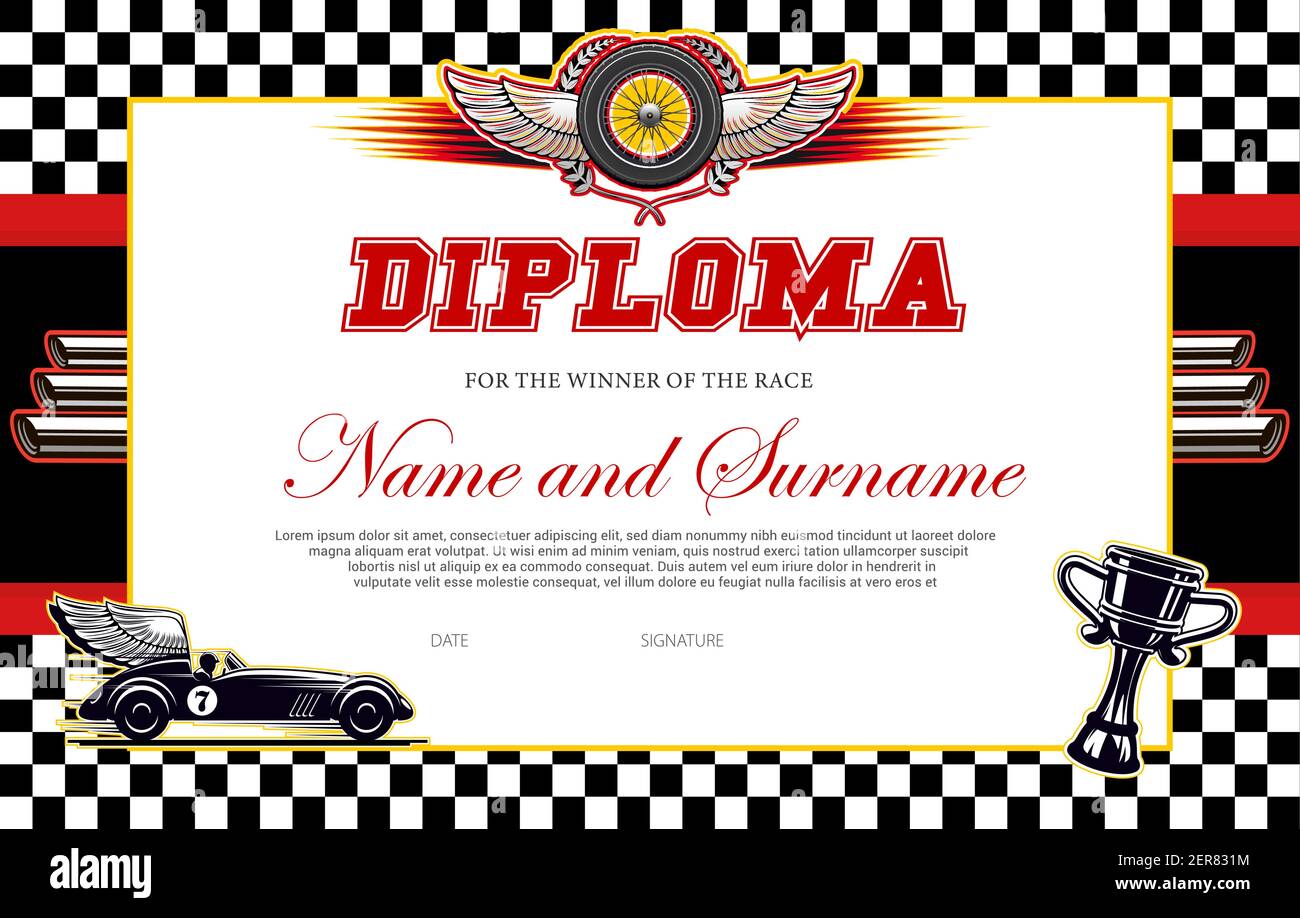 Race winner diploma vector template. Racing award border with black and ...