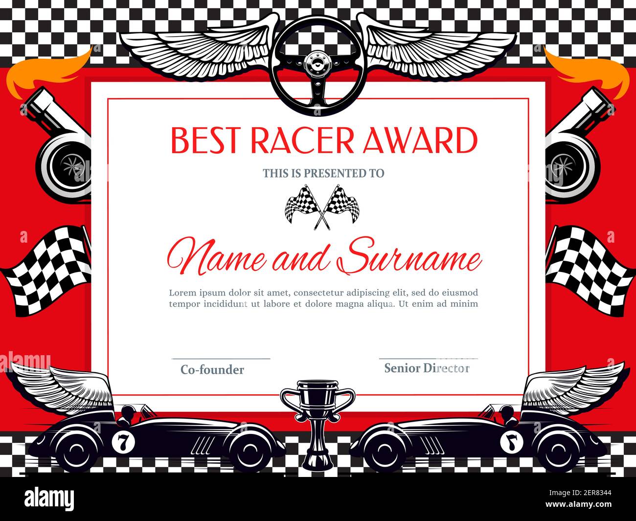 Best racer award diploma vector template. Racing winner border with ...