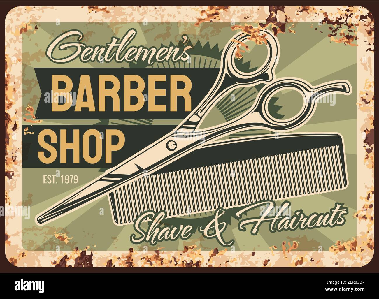 Barber shop rusty metal plate, vector shaving salon vintage rust tin ...