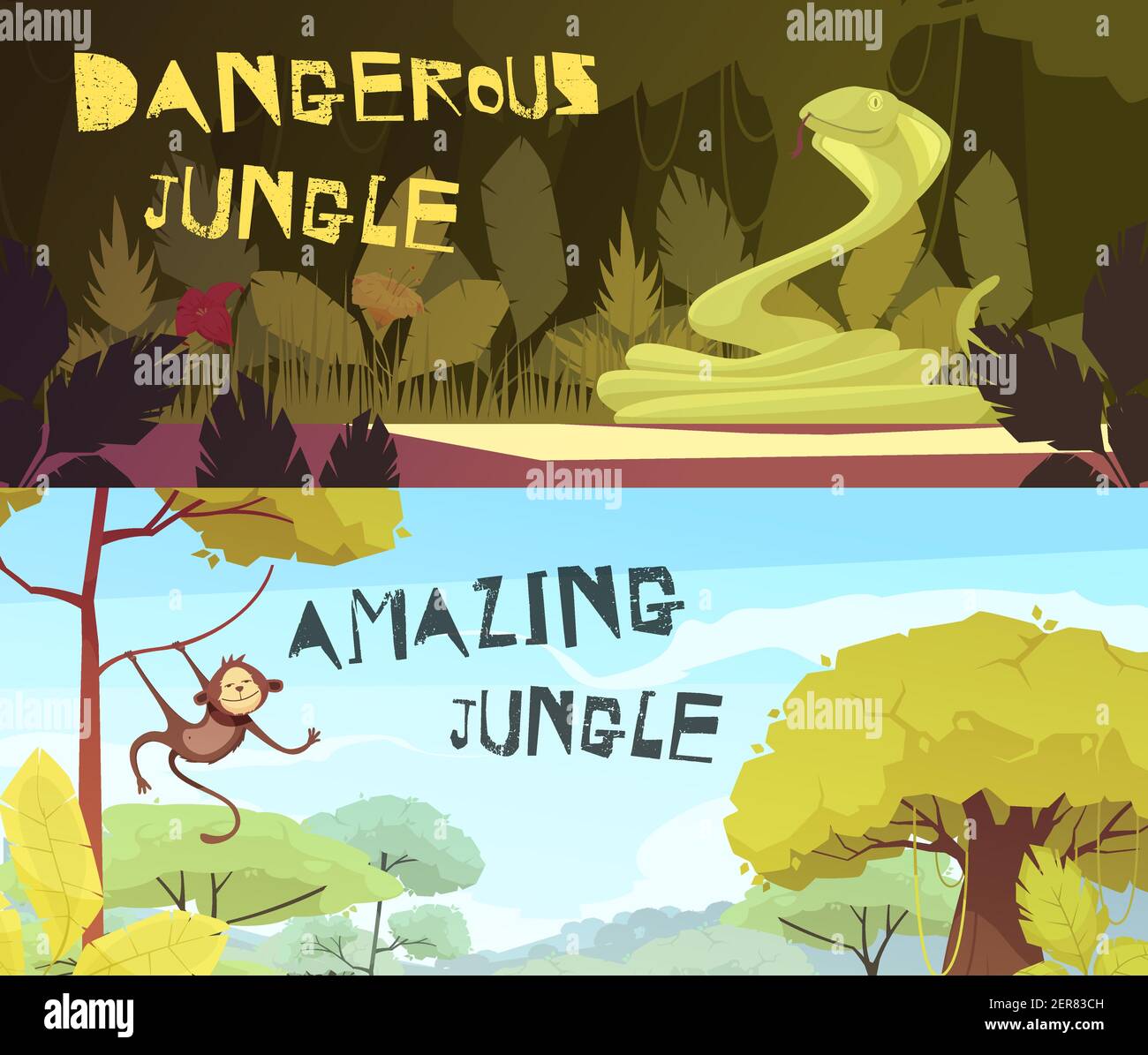 Dangerous and amazing jungle day and night set of horizontal cartoon ...