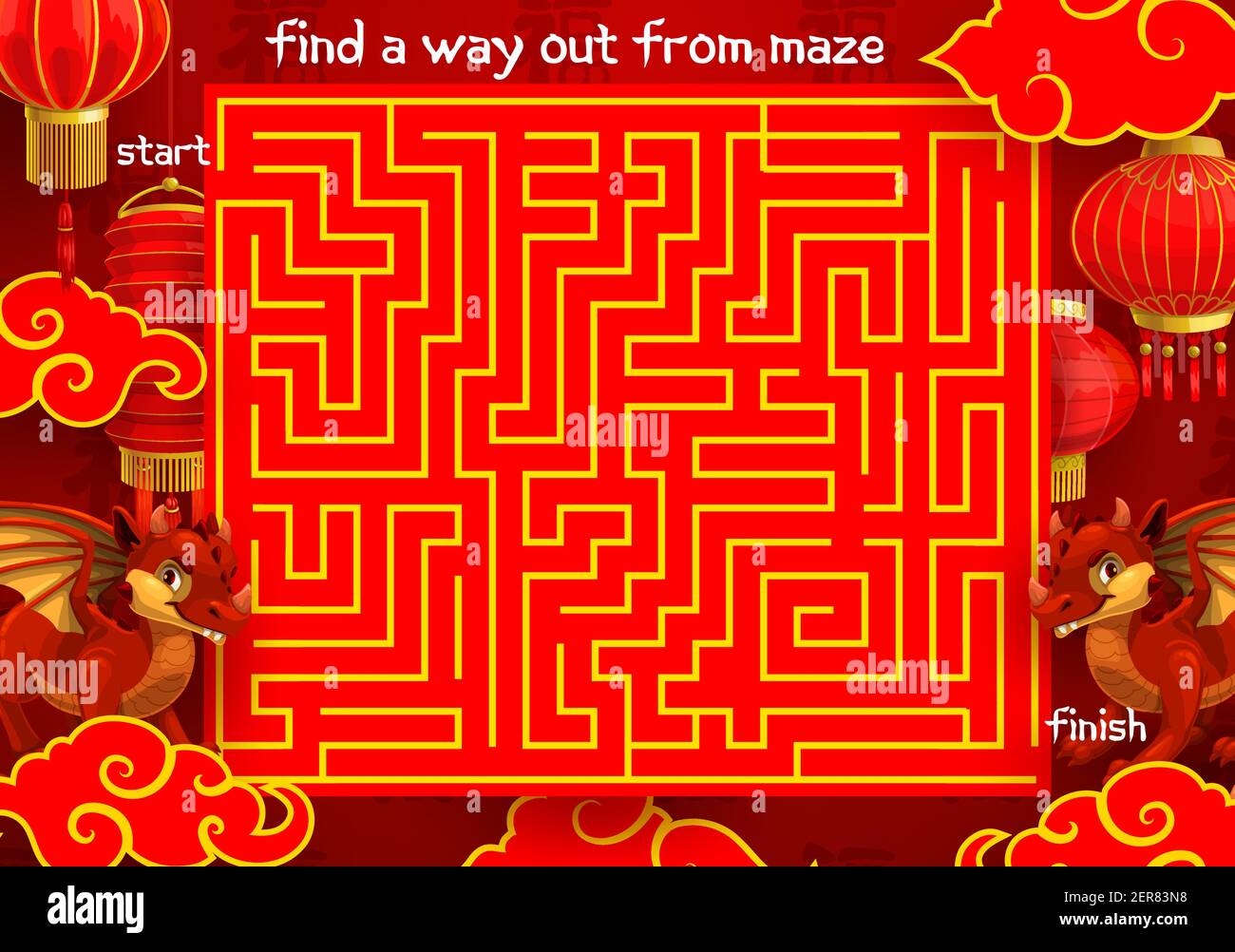 Children New Year labyrinth game, kid maze with chinese dragon. Child ...