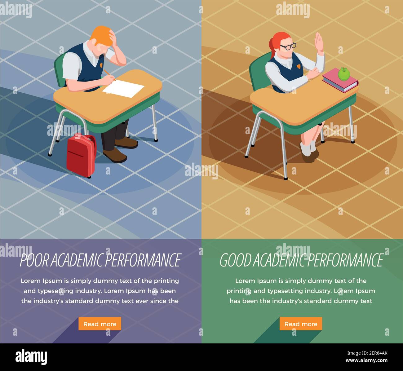 Set of two vertical high school isometric people banners with ...