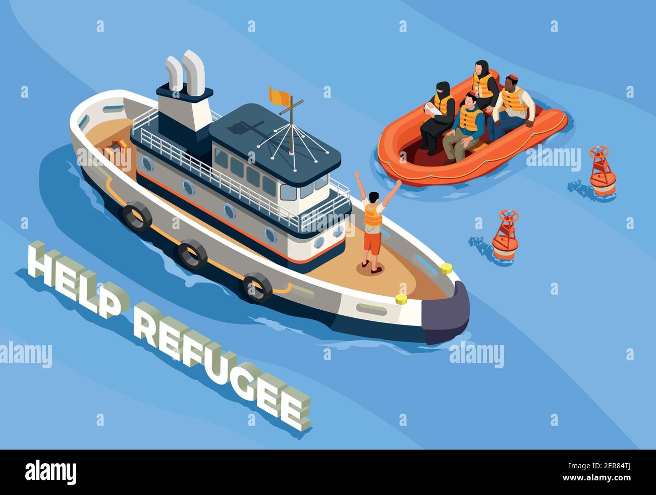Stateless refugees asylum icons isometric composition with text sea ...